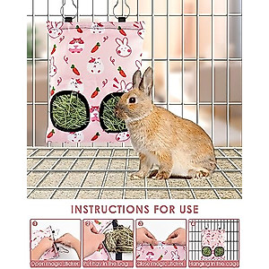 Bissap Rabbit Hay Feeder Bag, 2 Holes Hanging Hay Feeder Guinea Pig Hay Bag for Rabbits Bunny Chinchillas Hamsters Rats and Other Small Pets Small Animal - S (Pink)