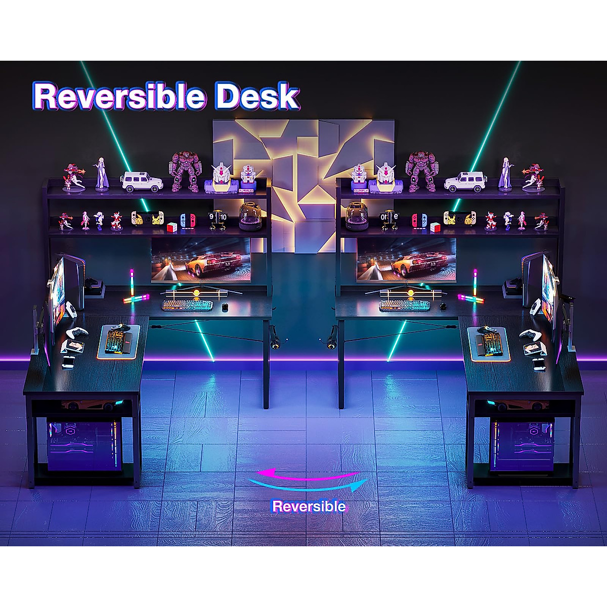 ODK L Shaped Gaming Desk with Hutch, Computer Desk with Storage Shelves, 59" L Shaped Desk for Home Office, Corner Desk with Headphone Hook, Black