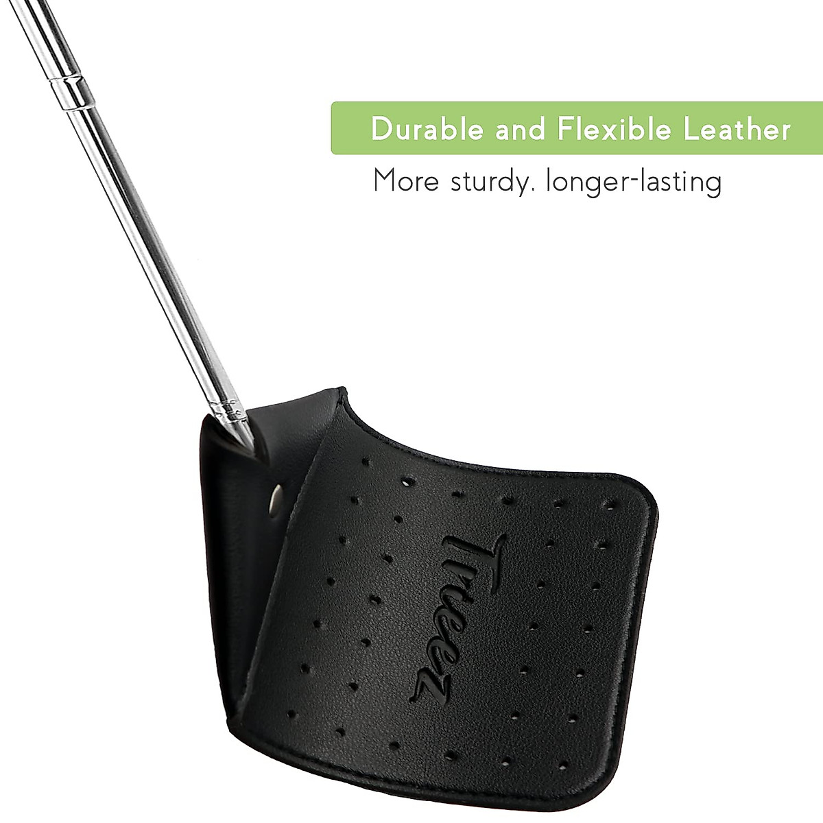 Trieez Flyswatter - Long Fly Swatter, Sturdy Leather Fly Swatter, Heavy Duty Telescopic Flyswatter with Durable Stainless Steel Handle, Rustic Bug Swatter for Home and Outdoors - (1 Pcs)