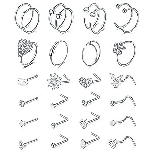 Anicina 20g Nose Rings Studs Surgical Stainless Steel Hoops L Shape Nostril Nose Piercing Jewelry Heart Flower Butterfly Hypoallergenic Screw for Women Men Silver