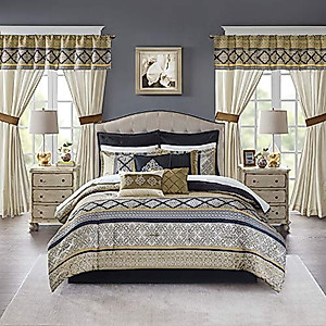 Madison Park Essentials Windsor 24-Piece Room in A Bag Comforter Set-Satin Jacquard All Season Luxury Bedding, Sheets, Decorative Pillows and Curtains, Valance, Queen (90 in x 90 in), Black/Gold