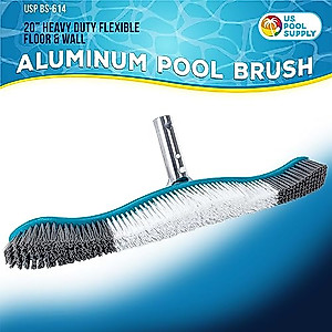 U.S. Pool Supply Professional Heavy Duty 20" Flexible Floor & Wall Pool Brush with Polished Aluminum EZ Clip Handle - Curved Ends, Durable Nylon Bristles - Sweep Debris from Walls, Floors, Steps