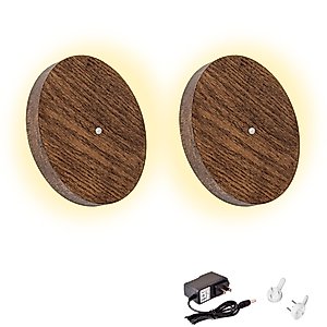 SKIVTGLAMP Nature Wood Wall Sconce Rechargeable Battery Operated LED PIP Motion IR Sensor Wall Lamp, No Drilling Cordless Farmhouse Wall Mounted for Rustic House Number Customizable Circular Walnut