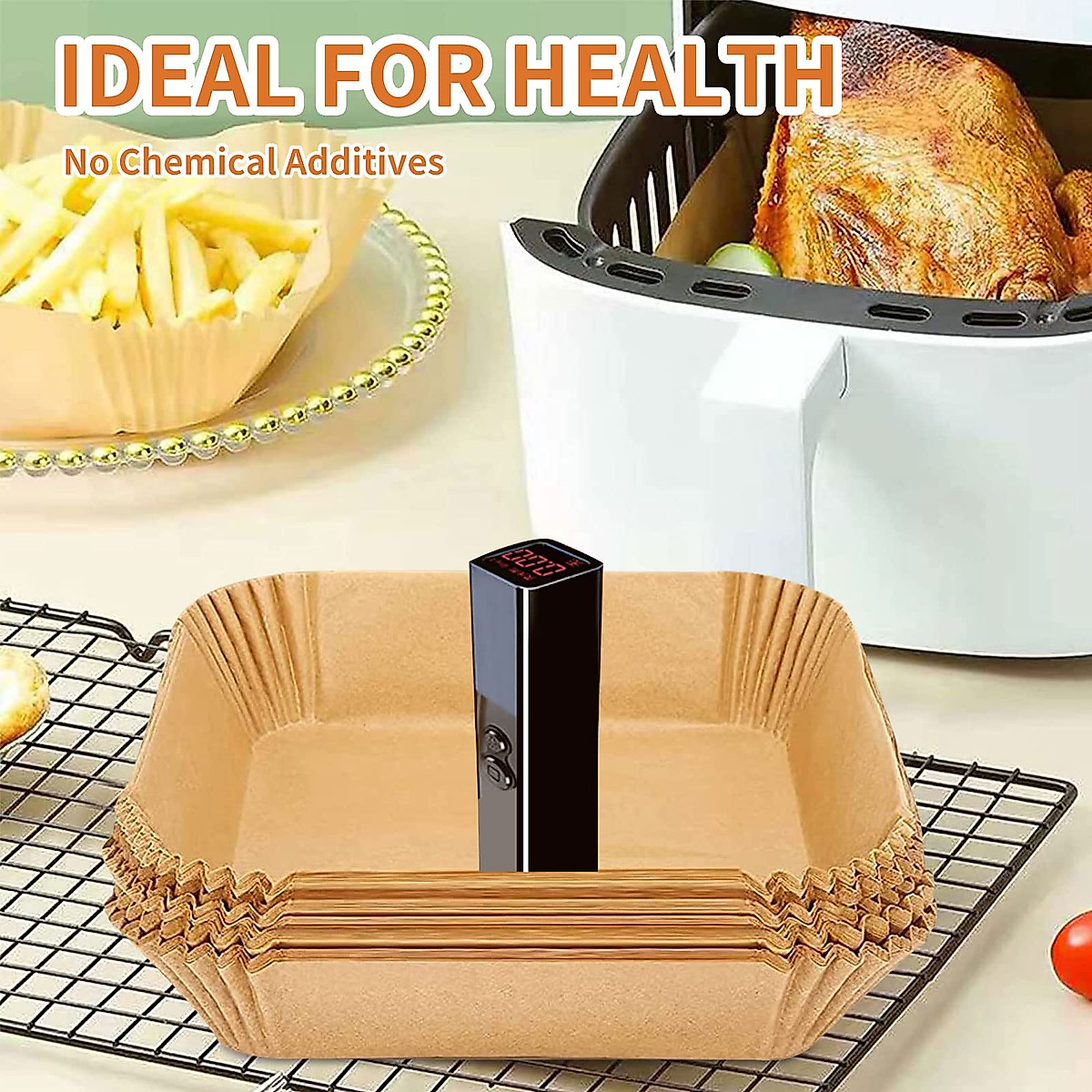 Air Fryer Liners Disposable Square, 100PCS 6.3 INCH Airfryer Liners, Natural Non-stick Parchment Paper for Air Fryer Oil-proof Water-proof, Paper liners for air fryer, Steamer, Baking, Microwave Etc