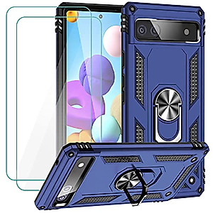 Muntinfe for Google Pixel 6a Case with Tempered Glass Screen Protector [2 Pack], Military-Grade Armor Shockproof Protective Phone Cover with Ring Magnetic Kickstand for Pixel 6a, Blue