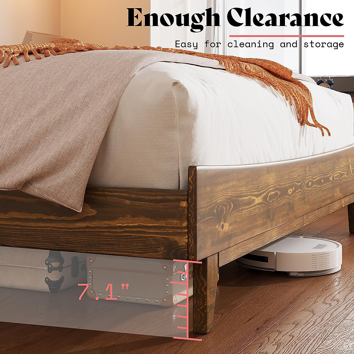 AMERLIFE Queen Size Solid Wood Platform Bed Frame with Wooden Headboard, No Box Spring Needed, Easy Assembly, Caramel