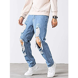 WDIRARA Men's Cut Out Ripped Frayed Zipper Fly Long Straight Leg Denim Jeans Light Wash M