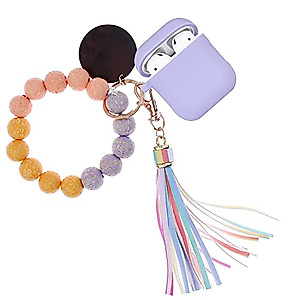 Fycyko Compatible with AirPods Case Silicone Cover with Keychain for Women Girl Cute Leopard Pattern Wood Bracelets Colorful Tassel Keychain Design Purple Case for AirPods 1st& 2nd Generation