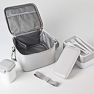 Back to School Students Adults Lunch Box for Men Japanese Bento Box 2 Tier Lunchbox Stackable Food Container with Built-in Utensil Set Insulated Lunch Bag Soup Mug Compartment for Office Work Camping