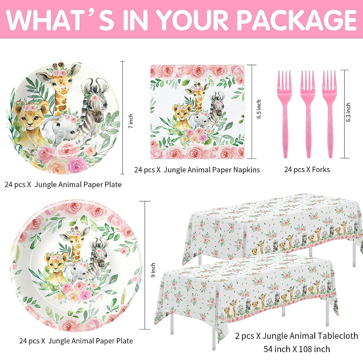 HIPVVILD Jungle Theme Party Supplies Tableware Girl - Safari Birthday Decorations Dinnerware, Plate, Napkin, Tablecloth, Fork, Pink Safari Jungle Animal Baby Shower Birthday Party Supplies | Serve 24