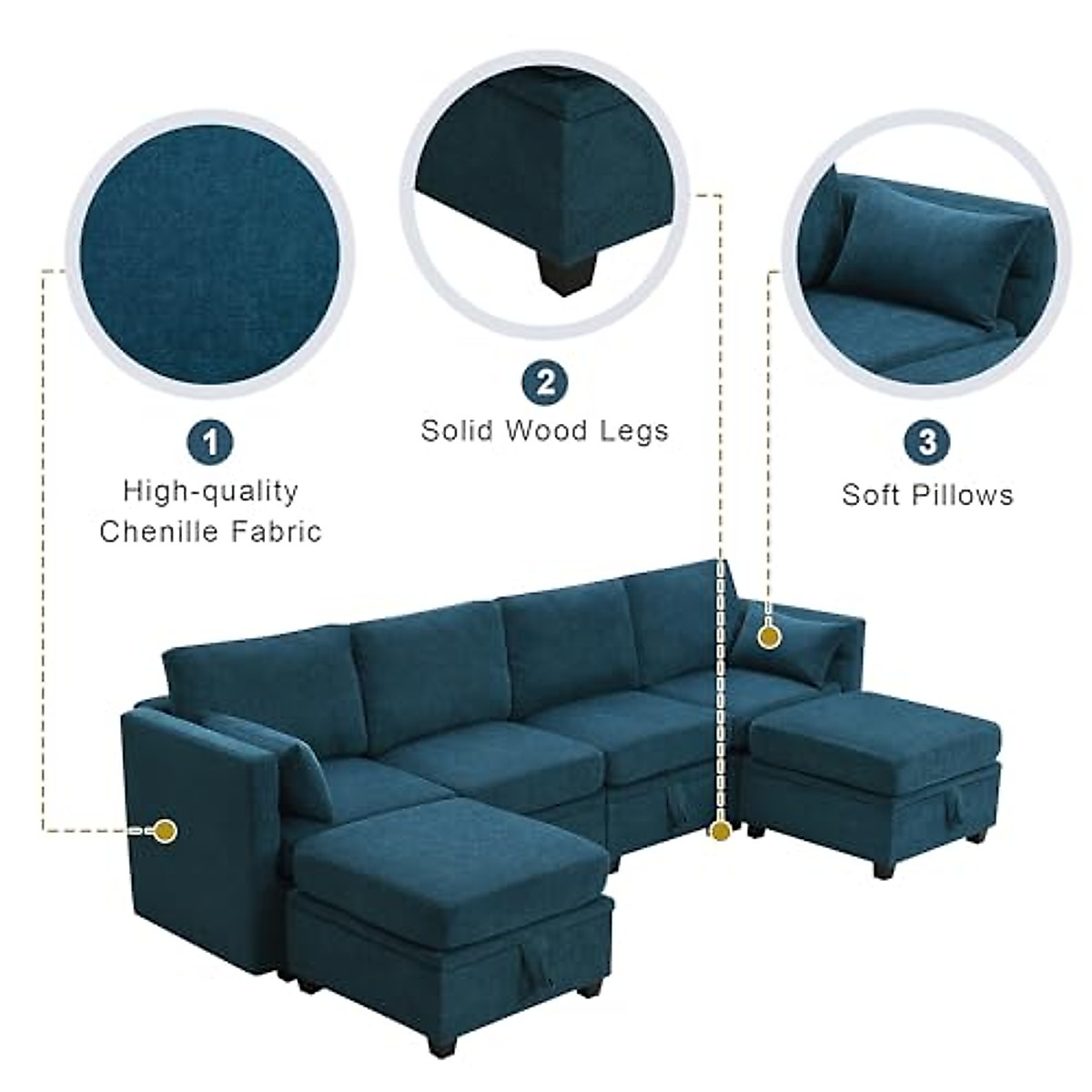 MUIRNAXI 109 x 54.7 Inch Chenille Modular Sectional Sofa,U Shaped Couch, 6-Seat Reversible with Adjustable Armrests and Backrest, Storage Seat, Ergonomic Design,for Living Room, Apartment (Blue)