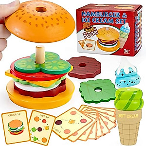 Bravmate Wooden Montessori Toys for 1 2 3 Years Old Kids, Realistic Burger & Ice Cream Toy, Stacking & Pretend Play for Little Chef, Preschool Play Fake Food Games, Educational Fine Motor Skills Toys