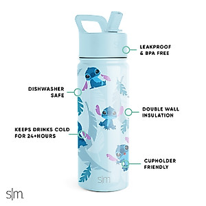 Simple Modern Disney Stitch Water Bottle with Straw Lid | Reusable Insulated Stainless Steel Cup for Girls, School | Summit Collection | 18oz, Tropical Stitch