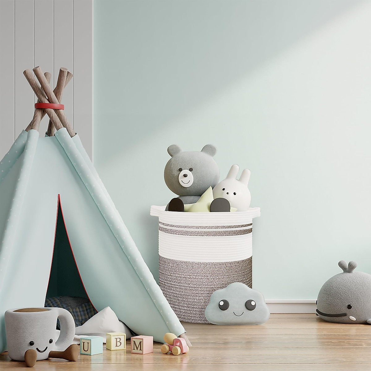 Large Laundry Hamper Basket, Clothes Hamper for Bedroom, Nursery, Living Room - Jute Woven Rope Basket with Handles, Collapsible laundry baskets for Toys, Pillows, Blankets-20x16in-63L Brown & White