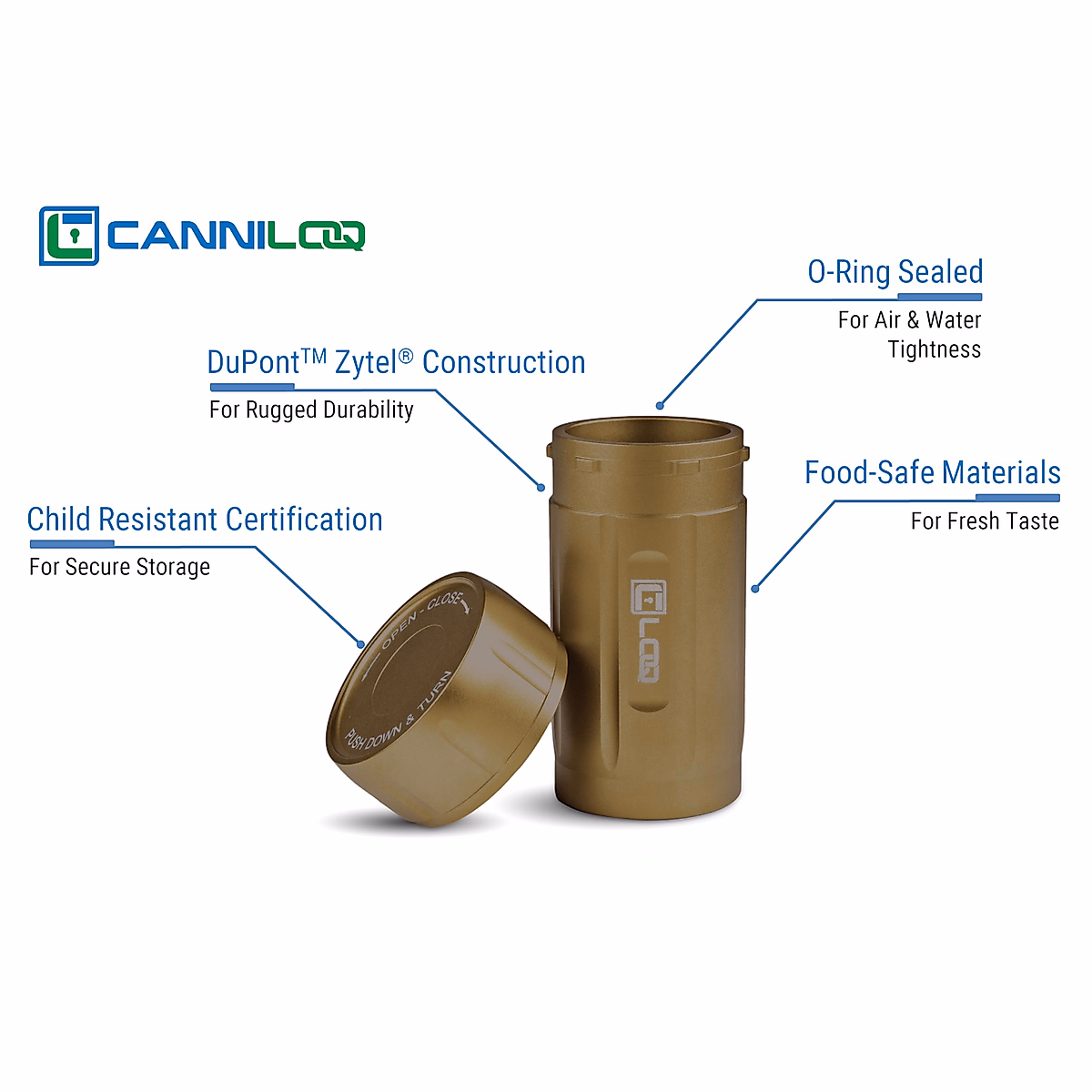 Canniloq TXD120 Premium Rugged Storage Jar and Airtight Container Keeps Herbs Fresh, High Strength Zytel, 120ml, Tan Body, Tan Cap