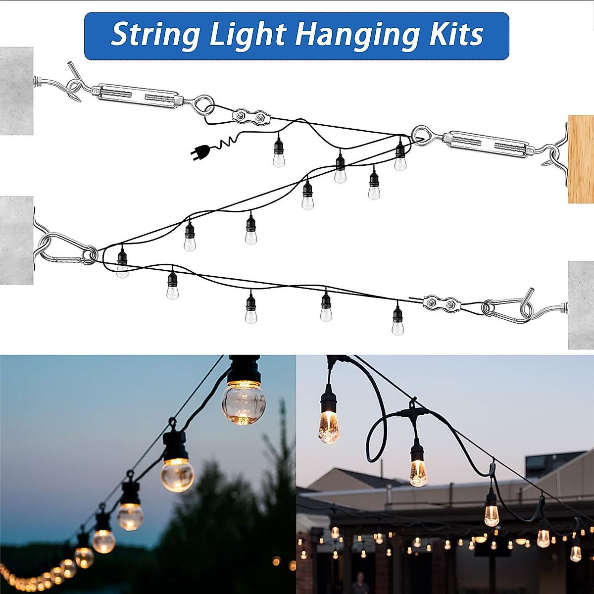 String Light Hanging Kit with 400FT Vinyl Coated 304 Stainless Steel Wire Rope, Globe String Light Suspension Kit, Outdoor Light Guide Wire Kit Included Turnbuckles, Enough Accessories, Use Manual