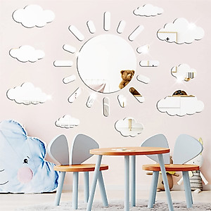 Sun and Cloud Mirror Stickers Decals 3D Acrylic Mirror Wall Stickers Self Adhesive Decorative Silver Removable Peel and Stick for Kids Baby Bedroom Bathroom Playroom Nursery Ceiling Wall Decor