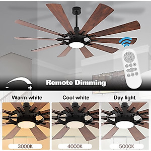 hykolity Ceiling Fan with Light and Remote 65 inch Farmhouse Large Ceiling Fan, Reversible Motor and Blades, 5CCT Selectable, for Living Room Basement Sunroom Porch Patio, 6-Speed Remote Control