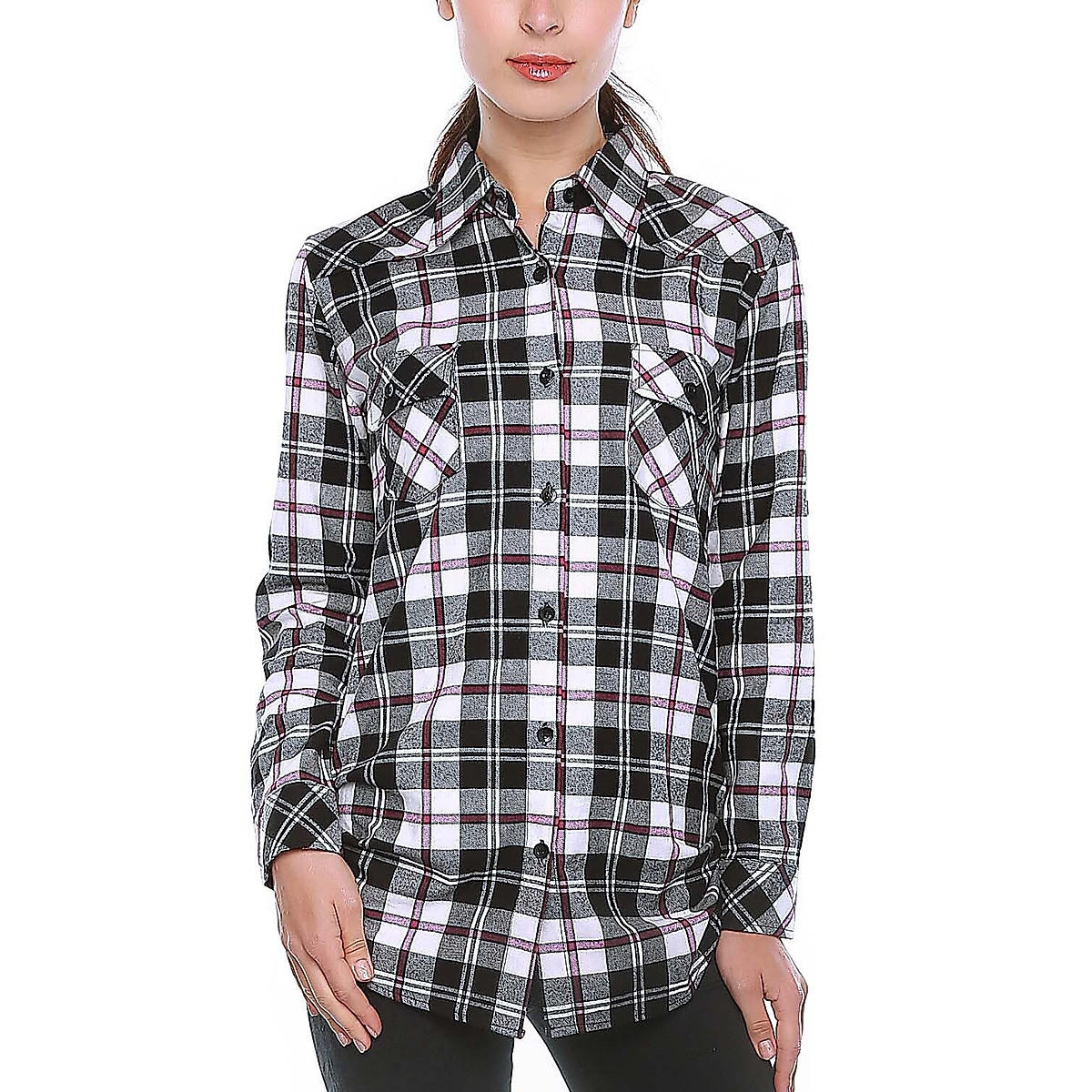 Match Womens Button Down Flannel Plaid Shirts roll up Long Sleeve Shackets Business Blouse Top (Large, Checks#5)