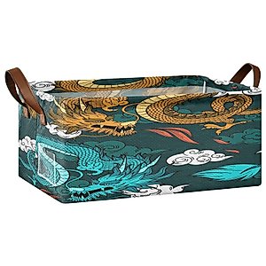 Exnundod Chinese Dragon Clouds Storage Bins for Shelves Vintage Open Home Stroage Basket with Metal Frames Collapsible Storage Basket with Handles for Organizing Closet Blanket Toys, 1PC