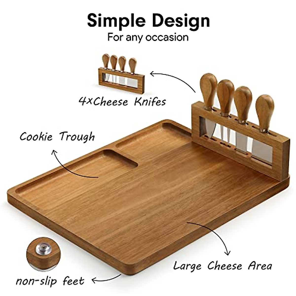 Easoger Acacia Cheese Board and Knife Set - 14” x 11” Large Charcuterie Boards Set, Cheese Tray Platter Servers with Magnetic Knife Holder, Gift for House Warming, Anniversary, Christmas, Thanksgiving