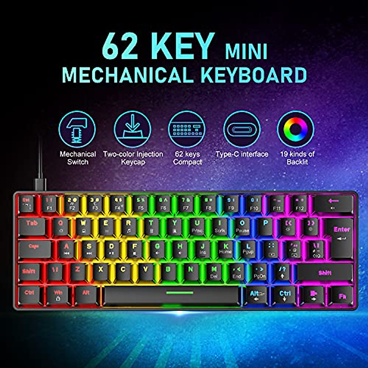 60% Mechanical Gaming Keyboard, Blue Switches, Rainbow LED Backlight Compact Wired Keyboard, TKL Wired Keyboard, Programmable Macro, RGB Mouse 6400 DPI , for PC Gamers and Office Typists (Black)