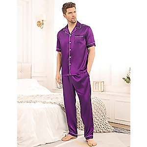 SWOMOG Mens Satin Silky Pajama Set Short Sleeve Classic Sleepwear Button Down Loungewear with Long Pants Purple Large