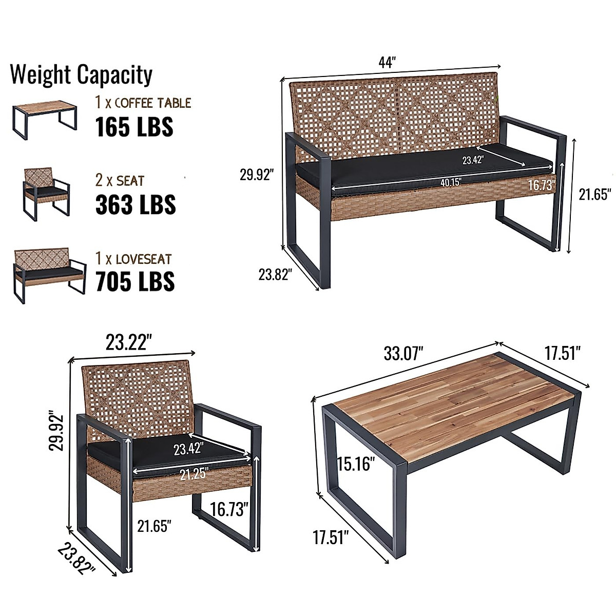VOTSMOKK 4 Pieces Patio Furniture Set, Outdoor Garden Patio Conversation Sets with Coffee Table, for Backyard, Lawn, Balcony, Outside Patio Table and Chairs Set with Soft Cushions, Black and Brown