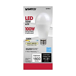 SATCO S29816 15 Watt 120 Volt; A19 LED Light Bulb; Frosted; 3000K; E26 Medium Base; 220 deg. Beam Angle (6 LED Light Bulbs)