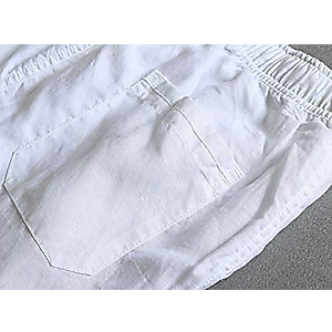 Youhan Men's Fitted Elastic Waistband Cotton Linen Pants with Drawstring (Medium, White)