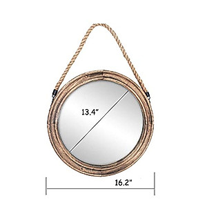 Funly mee 16.2 Inch Rustic Round Decorative Mirror with Solid Wood Frame&Rope Hanging,Farmhouse Antique Wall Decor (L)