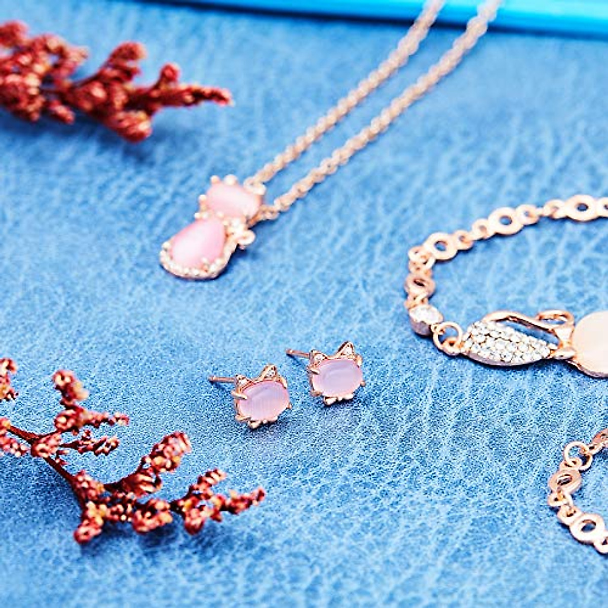 Hicarer 3 Pieces Cat Jewelry Set Cat Necklace Cat Bracelet Earring Pink Opal Pendant for Women Christmas Gift