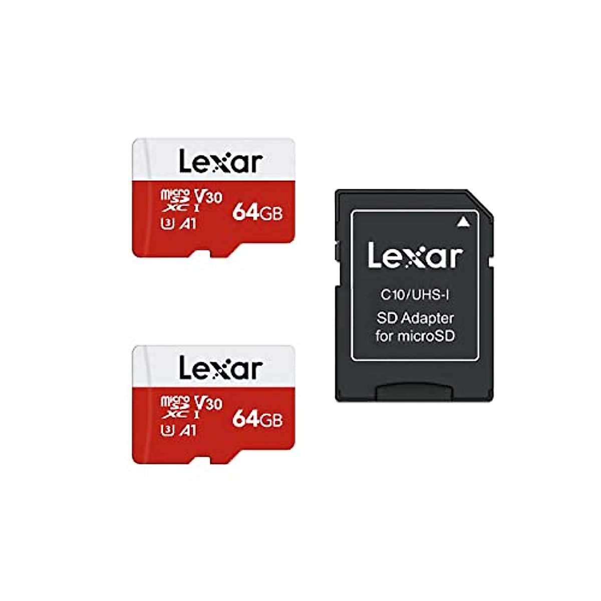 Lexar 64GB Micro SD Card 2 Pack, microSDXC UHS-I Flash Memory Card with Adapter - Up to 100MB/s, U3, Class10, V30, A1, High Speed TF Card (2 microSD Cards + 1 Adapter)