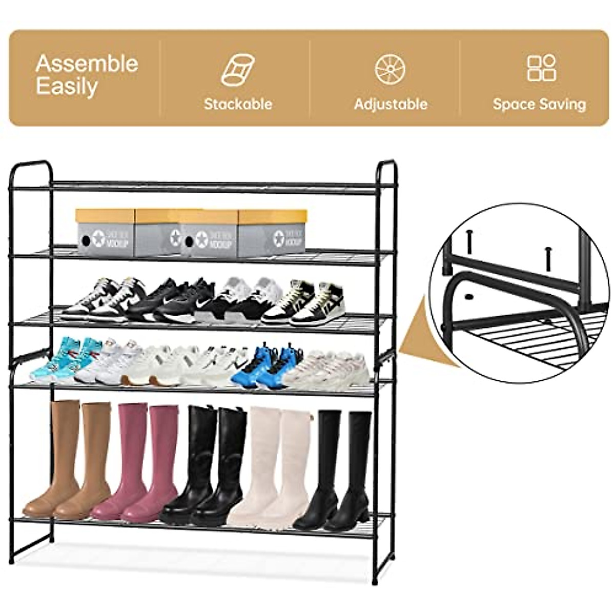 KEETDY 3-Tier Long Shoe Rack for Closet Metal Shoe Organizer for Entryway, Wide Stackable Shoe Storage Shelf with Sturdy Wire Grid for Closet Floor, Bedroom, Black