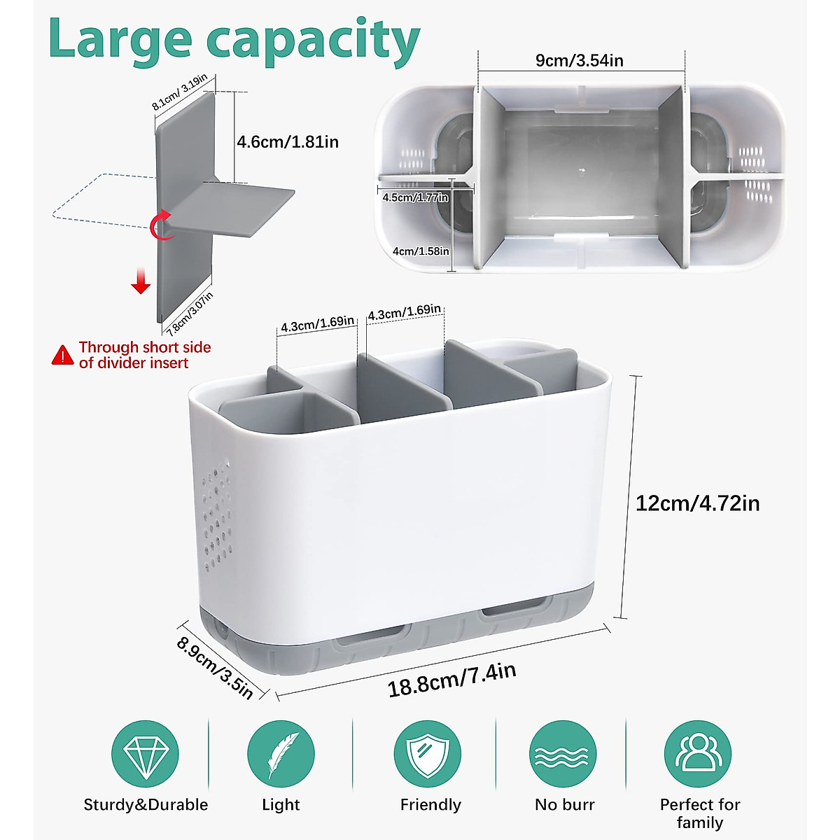 Boperzi Toothbrush and Toothpaste Holder Drainage for Bathroom Countertop with Adjustable Dividers, Large Toothpaste Caddy Organizer Storage Rustic Anti-Slip for Shower, Kitchen, Family, Kids Gray