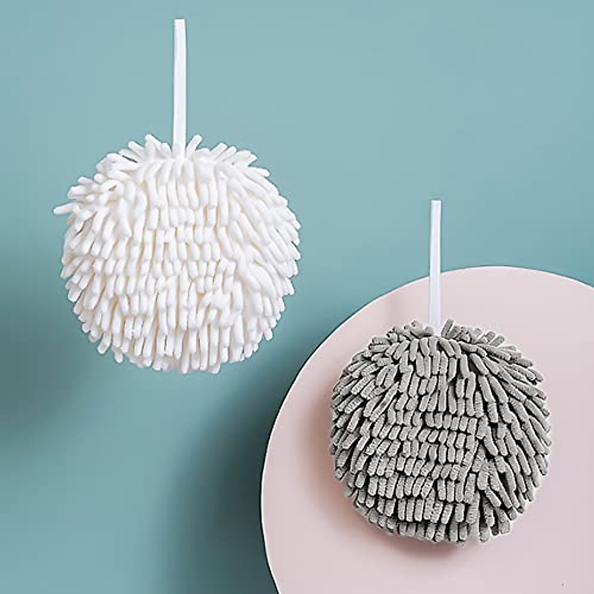 kitgaga Hand Towels for Bathroom Decorative Set,2-Pack Chenille Hanging Hand Towel Ball Microfiber Plush Absorbent Soft Small Bath Towel with Loop for Kitchen Washstand or Powder Room(Grey and White)