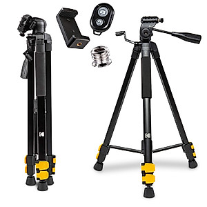 KODAK PhotoGear 62" Tripod with Remote | Compact 3-Section Flip-Lock Aluminum Tripod Adjusts 22”-62”, QuickRelease Plate, Smartphone Adapter & 1/4” to 3/8” Screw, Bubble Level, Carry Case, & E-Guide