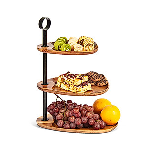 KITEISCAT 3 Tier Serving Tray- Elegant 3 Tiered Serving Tray with Metal Handle for Kitchen Island, Countertop, Coffee Table & More- Durable Decorative Standing Wooden Serving Trays for Parties