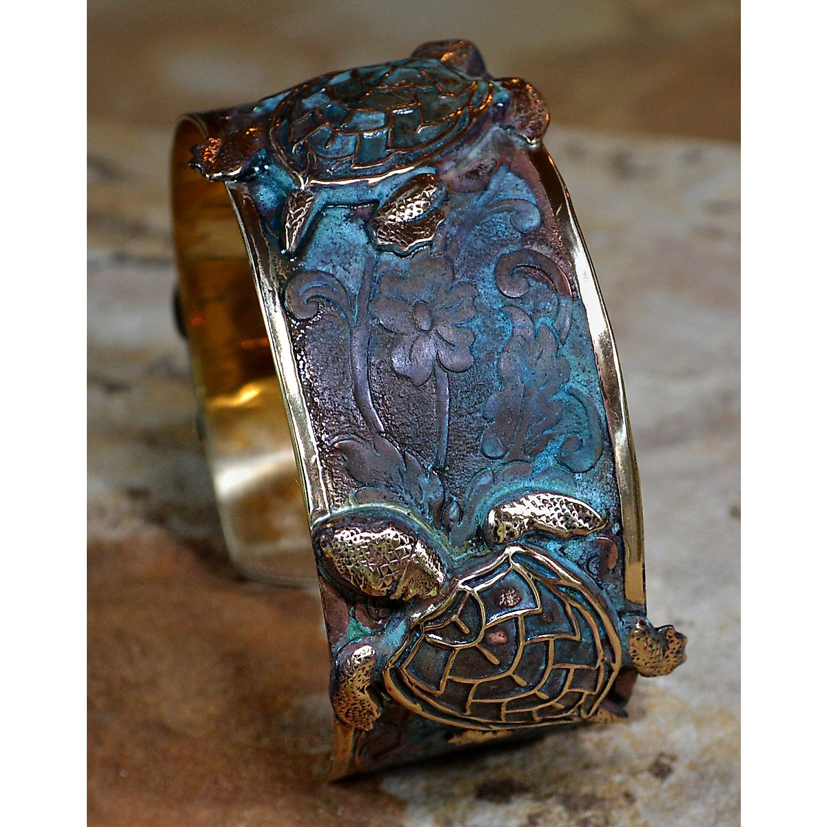 Elaine Coyne Collectible Artwear Classic Sea Turtle Cuff Bracelet - Verdigris Patina Brass