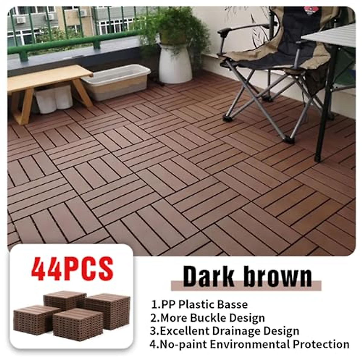 Plastic Interlocking Patio Deck Tiles 44 PCS Plastic Assembled Floor Outdoor Balcony Terrace Floor Garden Buckle Non-Slip Imitation Wood Floor (Gray)