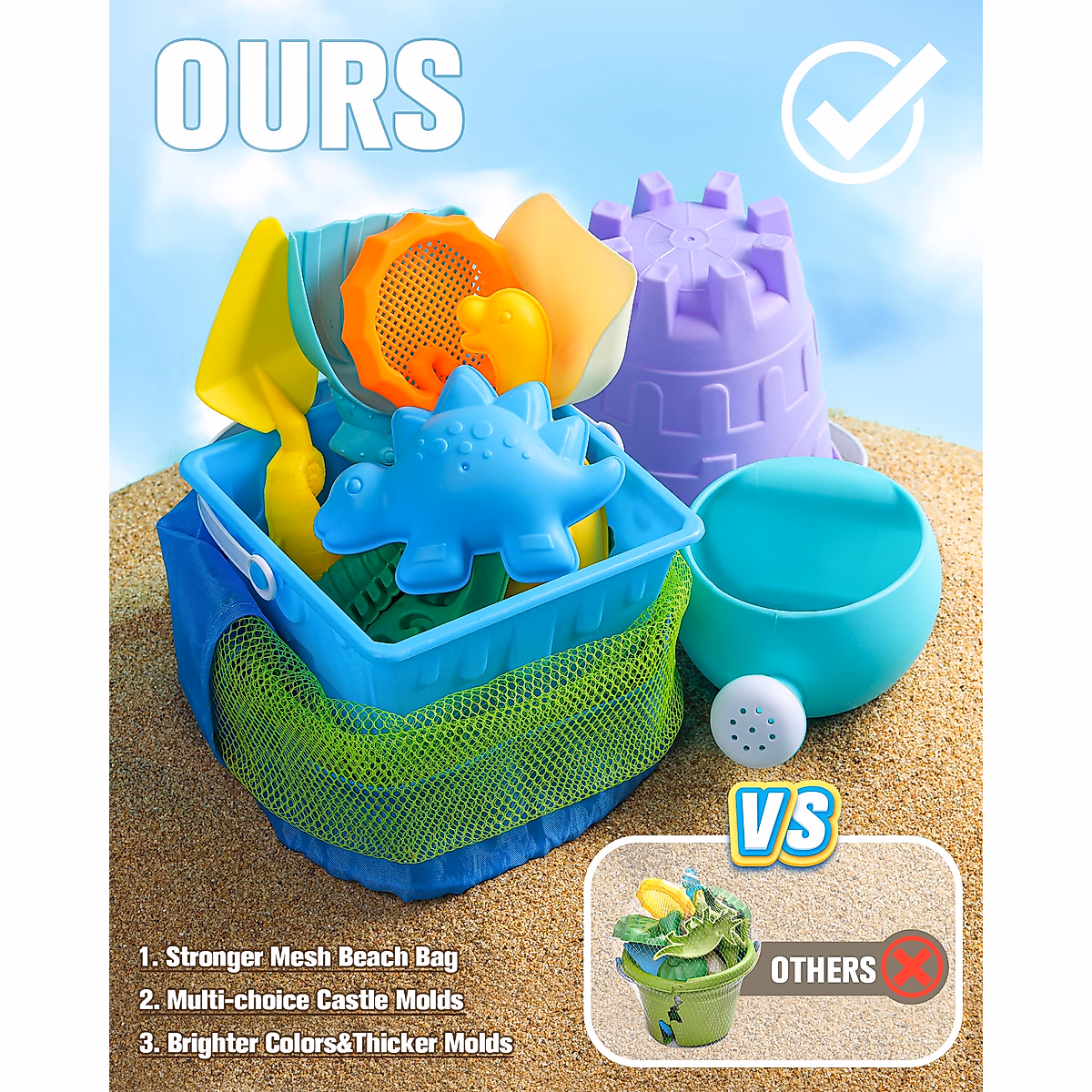 DISHIO Beach Sand Toys for Kids Sand Box Beach Toys with Mesh Bag,Sand Castle Bucket and Shovel,Sand Molds,Waterig Can, Sieve, Dinosaur Beach Toys Kit for Kids&Toddlers Outdoor Travel 18pcs