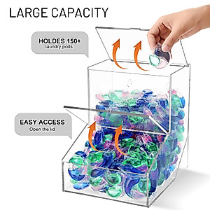 BSSOYAMM Laundry Pods Container, Acrylic Laundry Pods Holder with 2 Lid, Adhesive Dishwasher Pods Dispenser, Clear Laundry Room Organization Storage for Clothes Pins, Dryer Balls, Snack, Candy