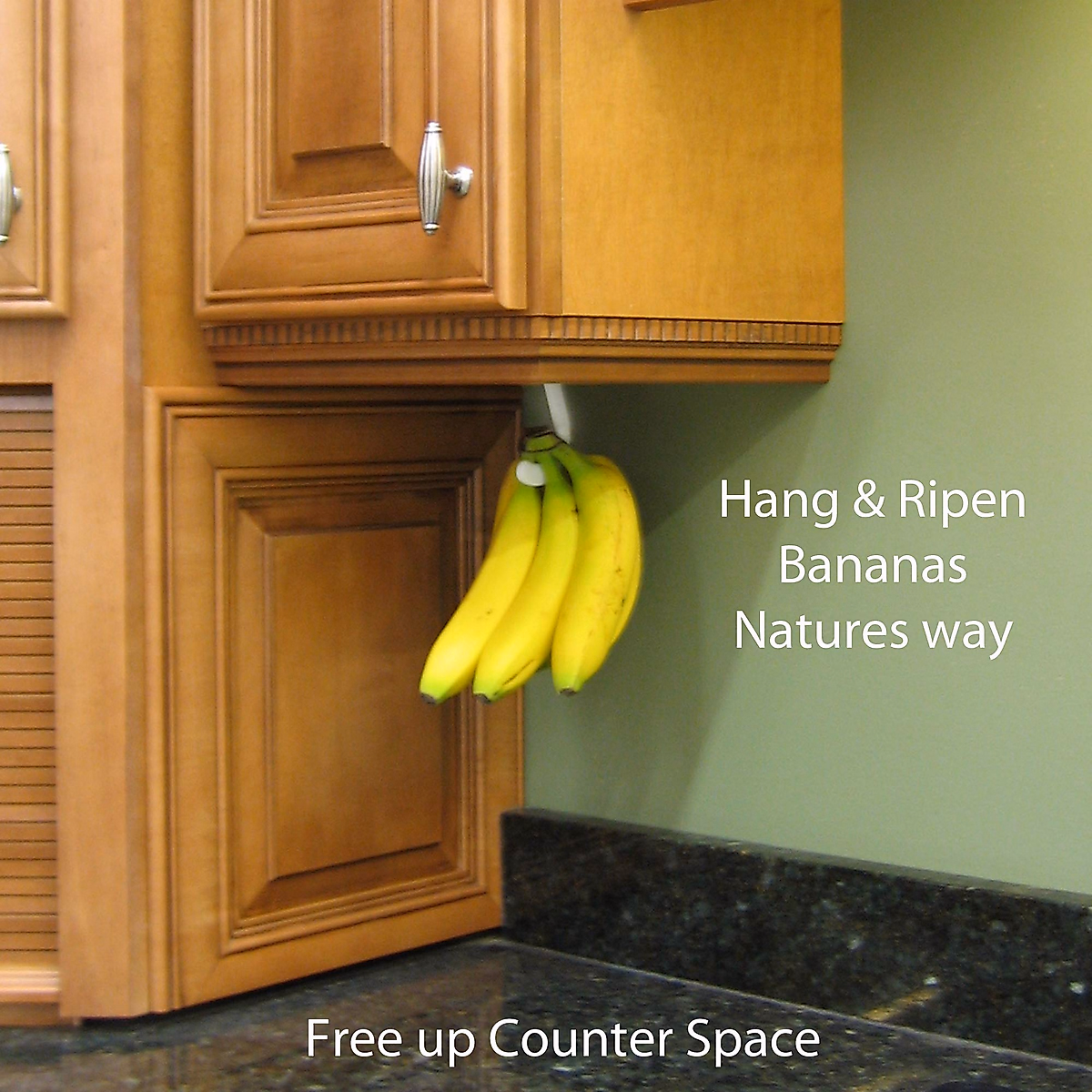 Banana Hook Hanger Under Cabinet Hook Ripens Bananas with Less Bruises, Hang Other Lightweight Kitchen Items, Folds Up Out of Sight When Not in Use, Self-Adhesive + Pre-drilled Screw Holes (Black)
