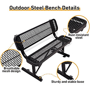 4 Feet Heavy Duty Park Bench with Back Portable Frame, Outdoor Steel Bench with Backrest, Expanded Metal Mesh Bench for Lawn, Park, Deck, Garden, Patio, Porch, Black