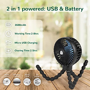 snawowo Mini Baby Stroller Fan, Handheld Personal Portable Clip On Fan with Flexible Tripod for Stroller Bike Desk Treadmill Crib Car Seat Outdoor Camping, USB or Battery Powered (Black)