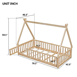LostCat Twin Size Floor Bed for Kids Girls Boys, Wooden Montessori Floor Bed with Guardrails & Door, Tent-Shaped Floor Bed, Wood Slat Support, Easy Assembly, Natural