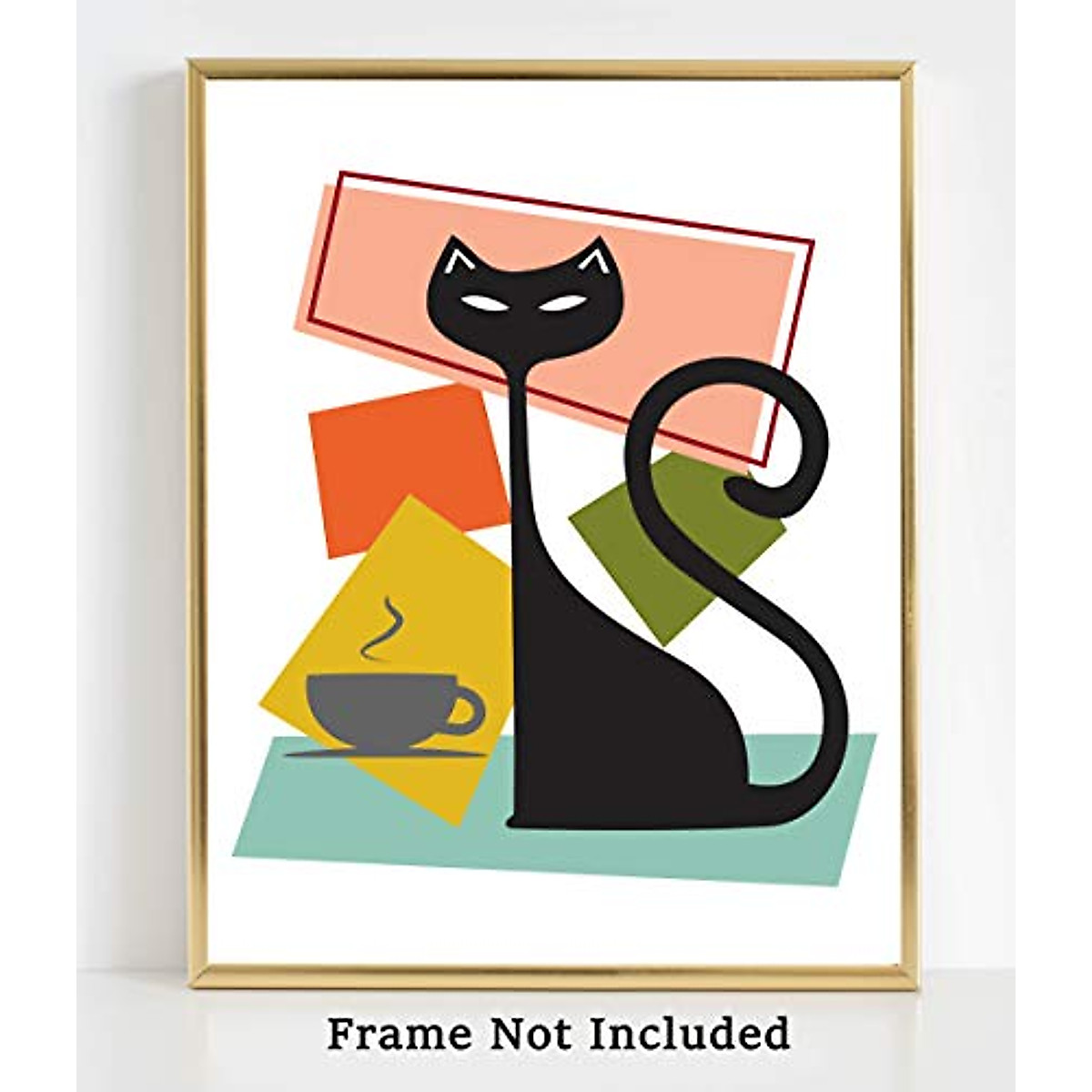 Mid Century Modern Atomic Cat & Coffee Cup Wall Art Print - 11x14 Unframed Abstract Decor. Shades of Mustard Yellow, Black, Moss Green, Pink, Orange & Aqua on White. Print No.16
