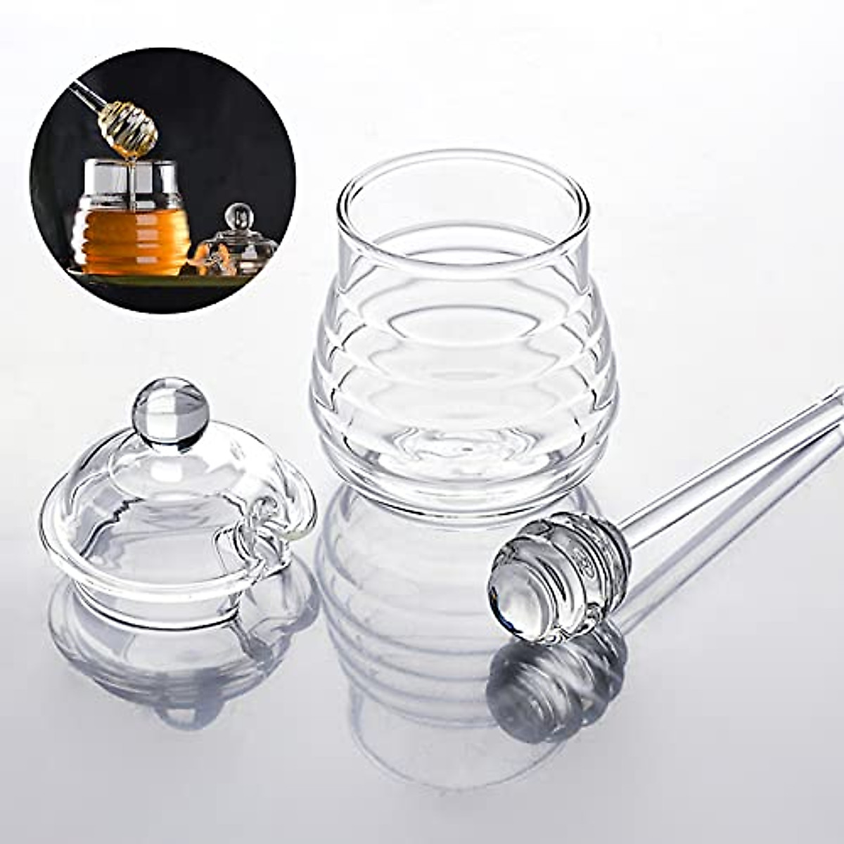HAIJSEVR Beehive Honey Jar, Glass Honey Pot with Dipper and Lid Cover, Large Container for Bee Pie Jam Jelly Home Kitchen, Clear 10.5 Ounce(300ml)
