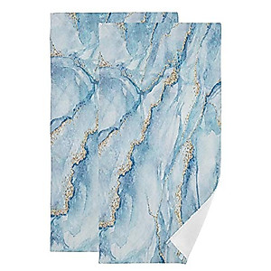 Qilmy White Blue Marble Hand Towel Set of 2, Super Soft Absorbent Fade Resistant Polyester Cotton Bath Towels Fingertip Towels for Bathroom Hotel Spa Gym and Beach 28.3x14.4 Inches