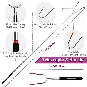 SANTAMADE Marshmallow Roasting Sticks Set of 5 -Telescoping Long Smores Sticks for Fire Pit, Hot Dog Sticks for Campfire Grill Bonfire Party Supplies -With Santa Storage Sack